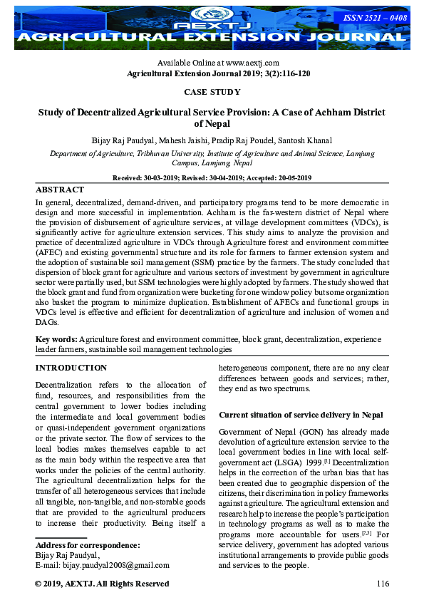 (PDF) Study of Decentralized Agricultural Service Provision: A Case of ...