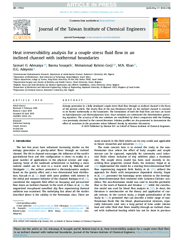 (PDF) Heat irreversibiility analysis for a couple stress fluid flow in an inclined channel with ...