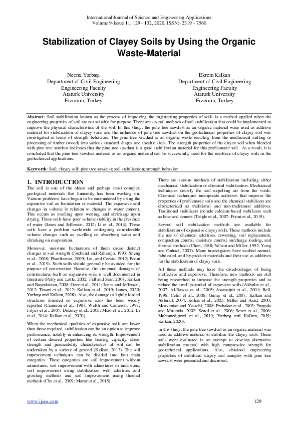 (PDF) Stabilization of Clayey Soils by Using the Organic Waste-Material