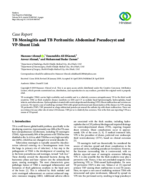 (PDF) TB Meningitis and TB Peritonitis: Abdominal Pseudocyst and VP-Shunt Link