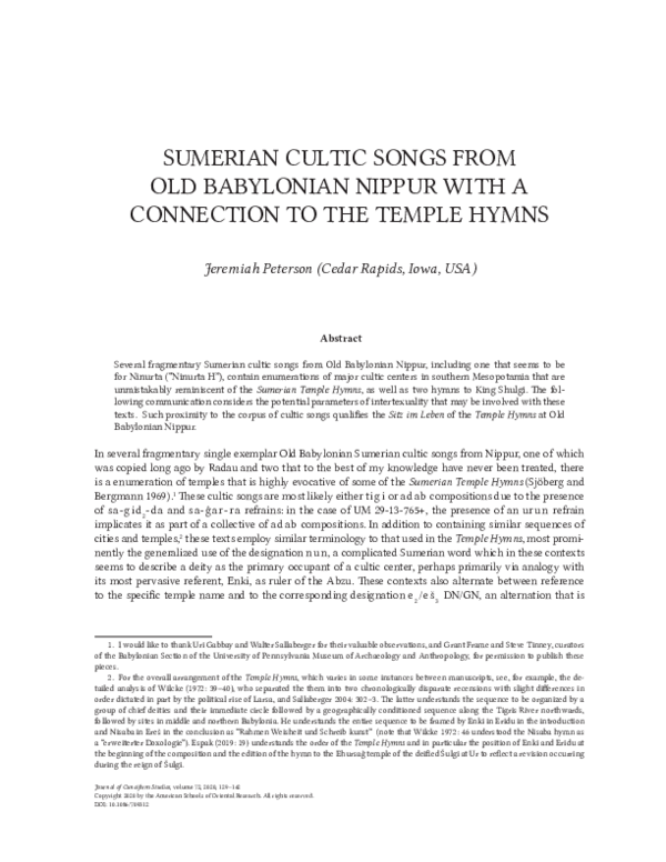 (PDF) Sumerian Cultic Songs From Nippur with a Connection to the ...