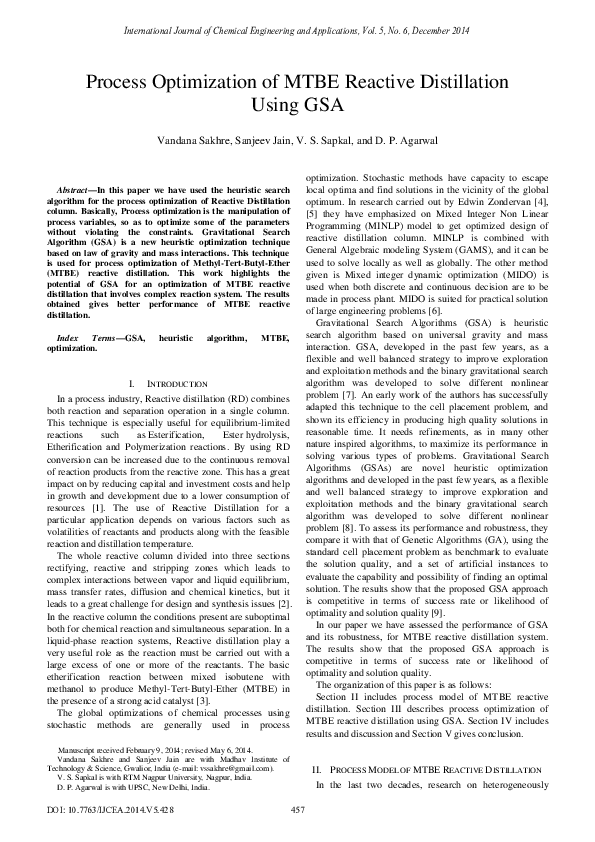 (PDF) Process Optimization of MTBE Reactive Distillation Using GSA
