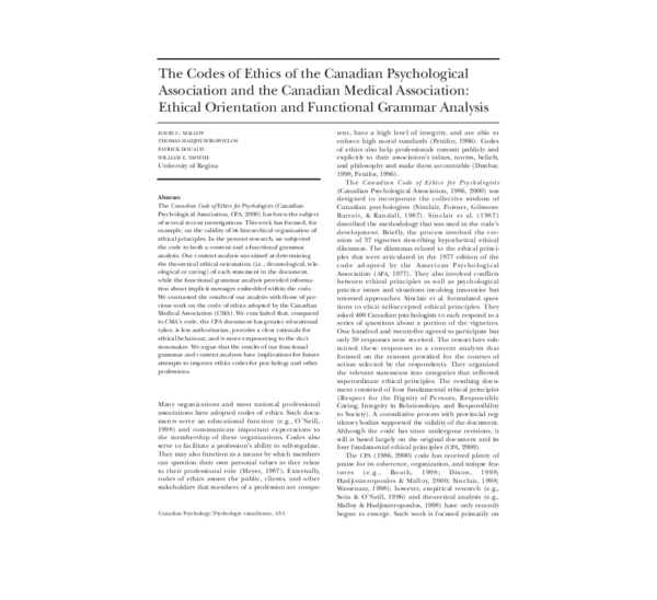 (PDF) The codes of ethics of the Canadian Psychological Association and ...
