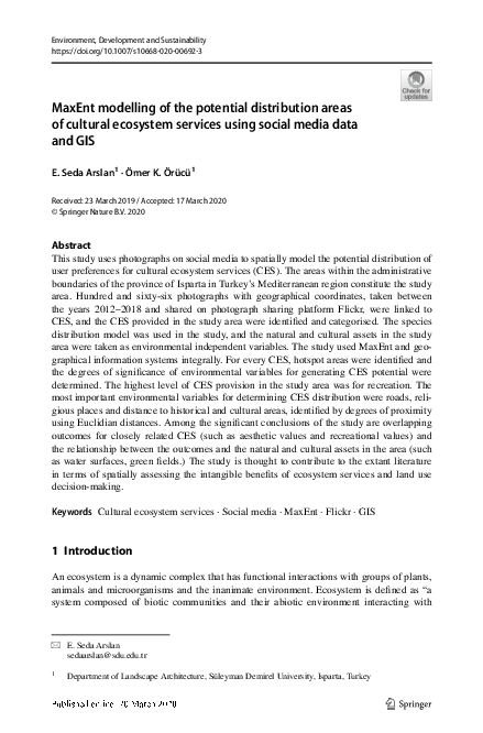 (PDF) MaxEnt modelling of the potential distribution areas of cultural ecosystem services using ...