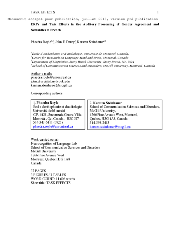 (PDF) ERPs and task effects in the auditory processing of gender agreement and semantics in French
