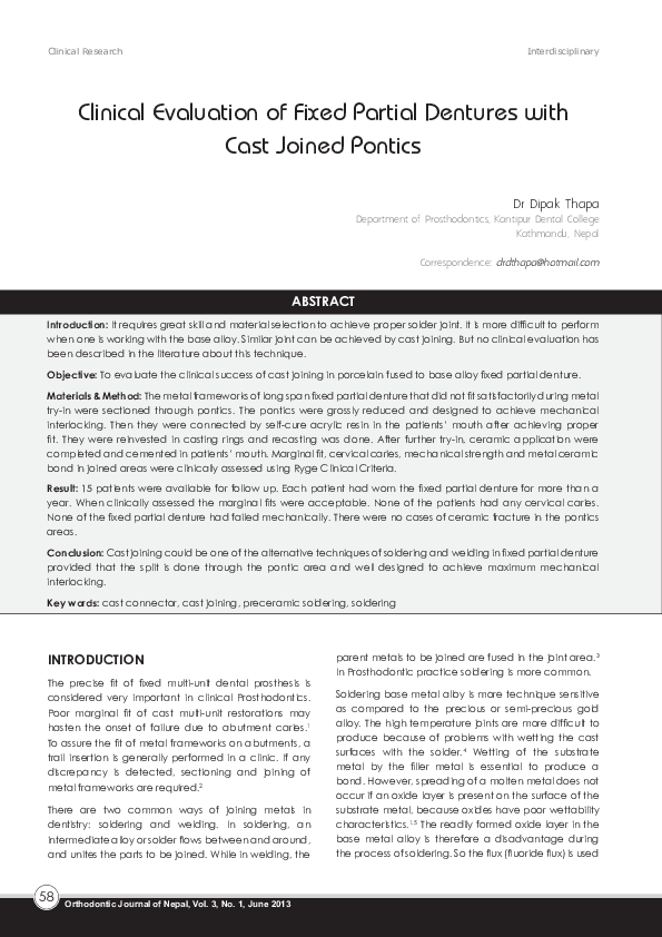 (PDF) Clinical Evaluation of Fixed Partial Dentures with Cast Joined ...