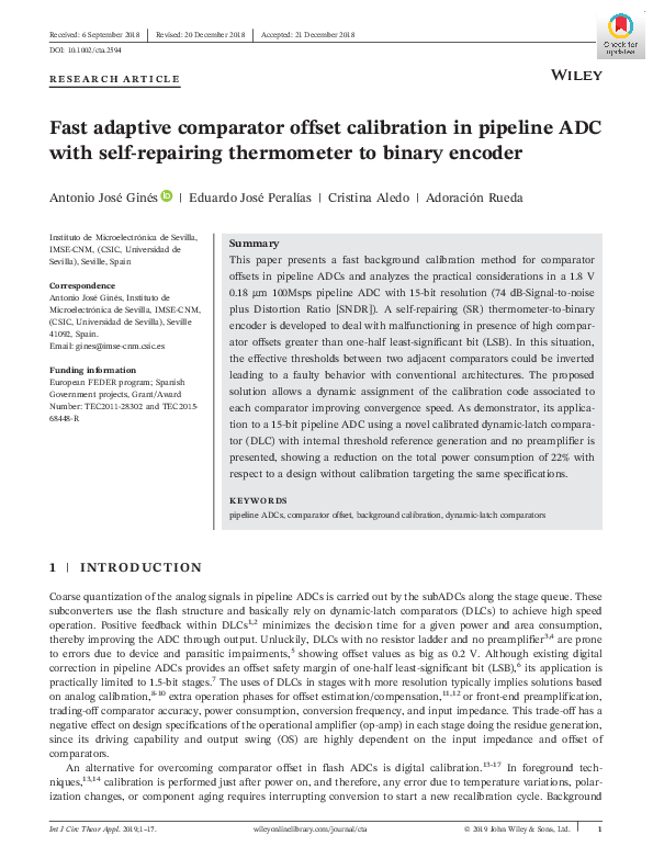 (PDF) Fast adaptive comparator offset calibration in pipeline ADC with ...