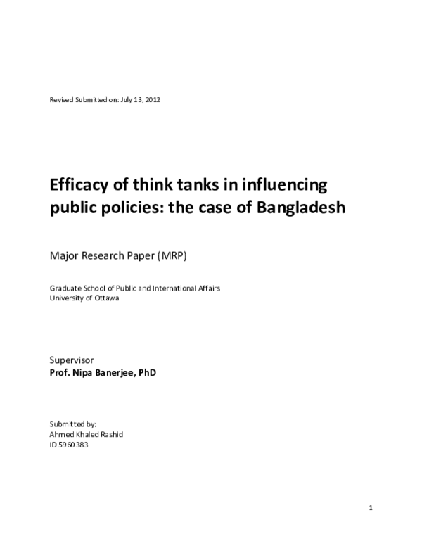 (PDF) Efficacy of Think Tanks in Influencing Public Policies: The Case ...