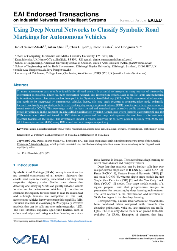 (PDF) Using Deep Neural Networks to Classify Symbolic Road Markings for Autonomous Vehicles