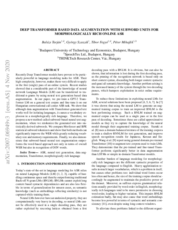 Pdf Deep Transformer Based Data Augmentation With Subword Units For Morphologically Rich