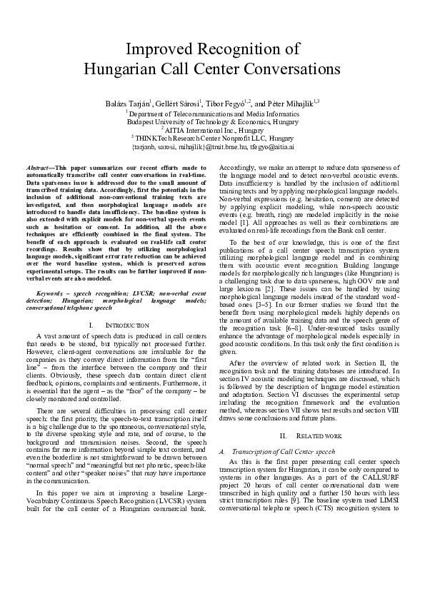 (PDF) Improved recognition of Hungarian call center conversations