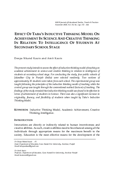(PDF) Effect of Taba's Inductive Thinking Model on Achievement In ...