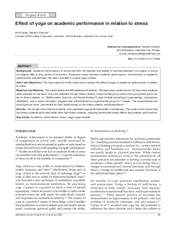 (PDF) Effect of yoga on academic performance in relation to stress