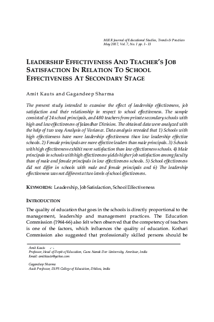 (PDF) Leadership Effectiveness and Teacher’s Job Satisfaction in Relation to School ...