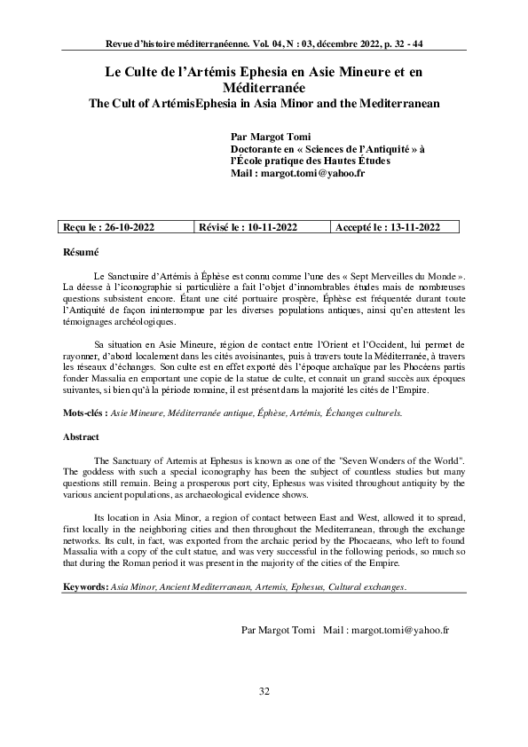 (PDF) Le Culte d'Artémis Ephesia en Asie Mineure et en Méditerranée.