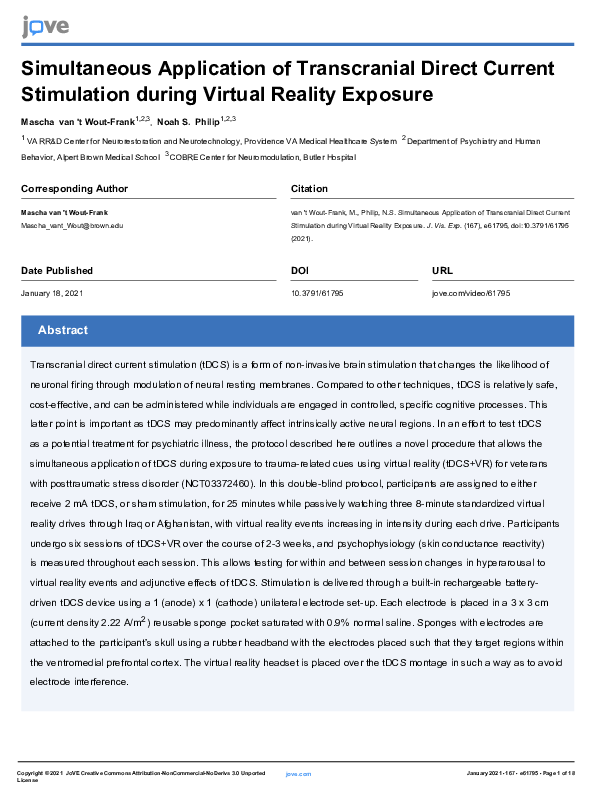 (PDF) Simultaneous Application of Transcranial Direct Current Stimulation during Virtual Reality ...