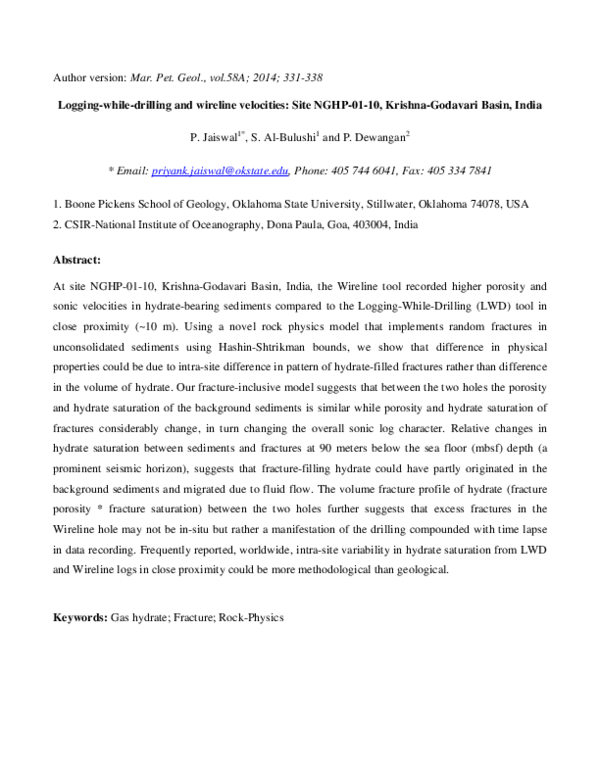 (PDF) Logging-while-drilling and wireline velocities: Site NGHP-01-10 ...