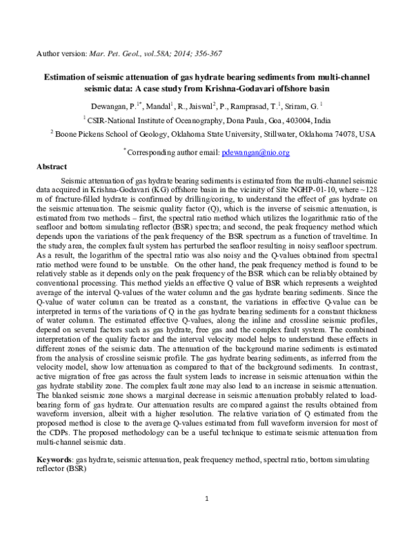 Pdf Estimation Of Seismic Attenuation Of Gas Hydrate Bearing