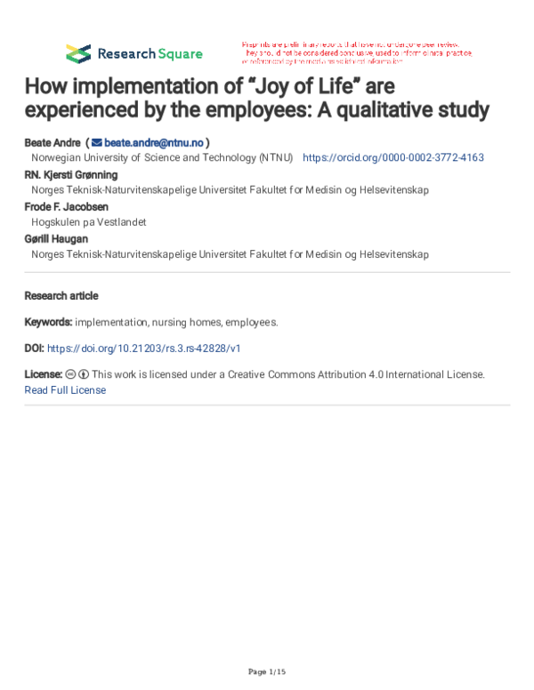 (PDF) How implementation of “Joy of Life” are experienced by the ...