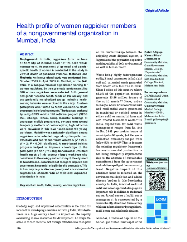 (PDF) Health profile of women ragpicker members of a nongovernmental organization in Mumbai, India