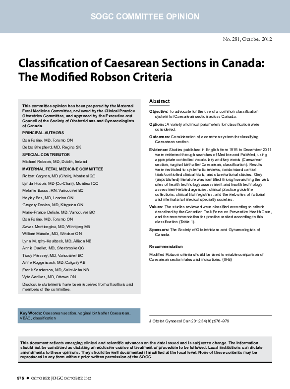 (PDF) Classification of Caesarean Sections in Canada: The Modified ...