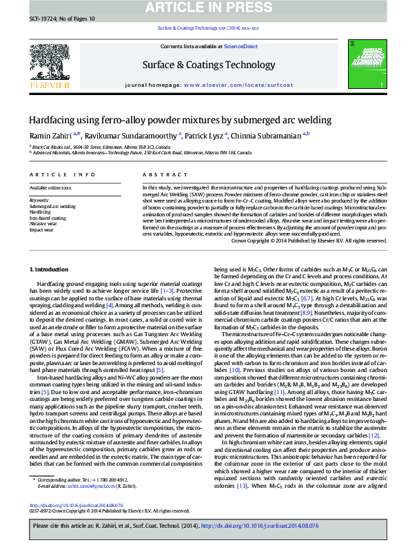 (PDF) Hardfacing using ferro-alloy powder mixtures by submerged arc welding