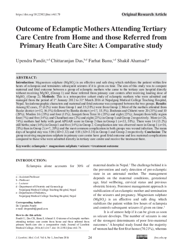 (PDF) Outcome of Eclamptic Mothers Attending Tertiary Care Centre from ...