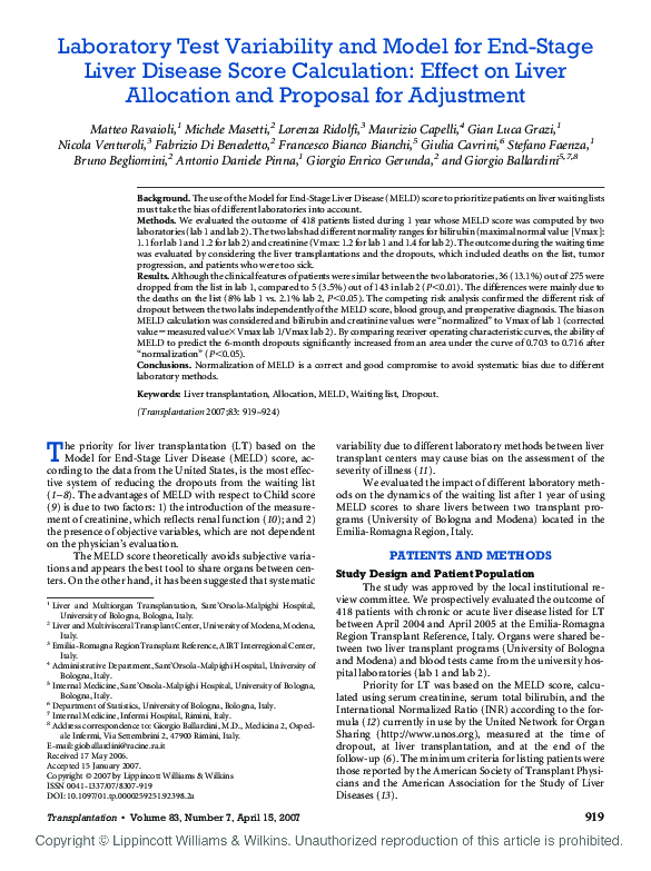 (PDF) Laboratory Test Variability and Model for End-Stage Liver Disease ...