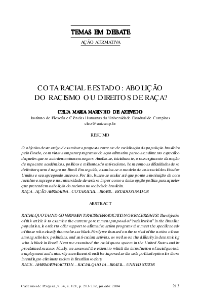 (PDF) COTA RACIAL E ESTADO: ABOLIÇÃO DO RACISMO OU DIREITOS DE RAÇA