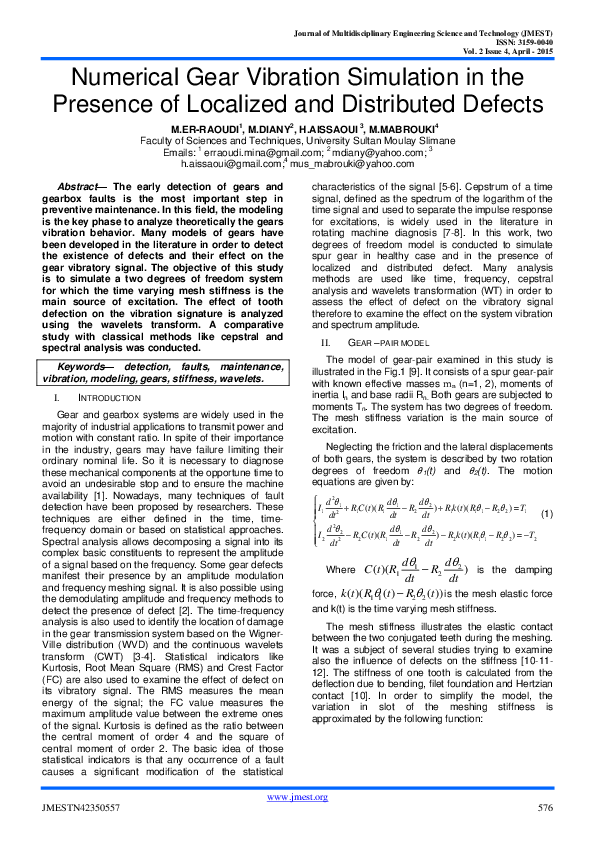 (PDF) Numerical Gear Vibration Simulation in the Presence of Localized ...