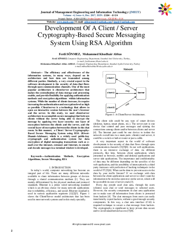 (PDF) Development Of A Client / Server Cryptography-Based Secure Messaging System Using Rsa ...