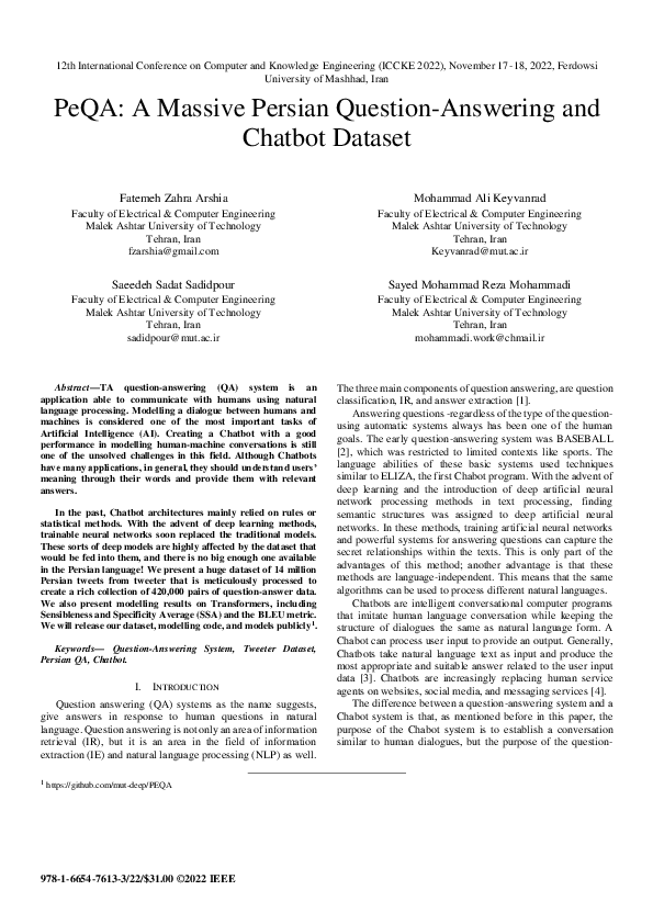 (PDF) PeQA: A Massive Persian Question-Answering and Chatbot Dataset
