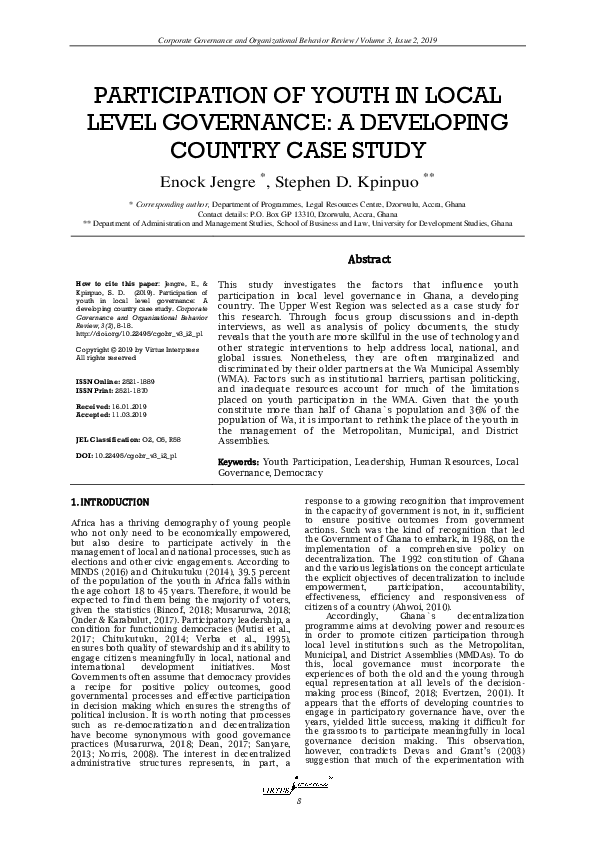 (PDF) Participation of youth in local level governance: developing country case study | Dr ...