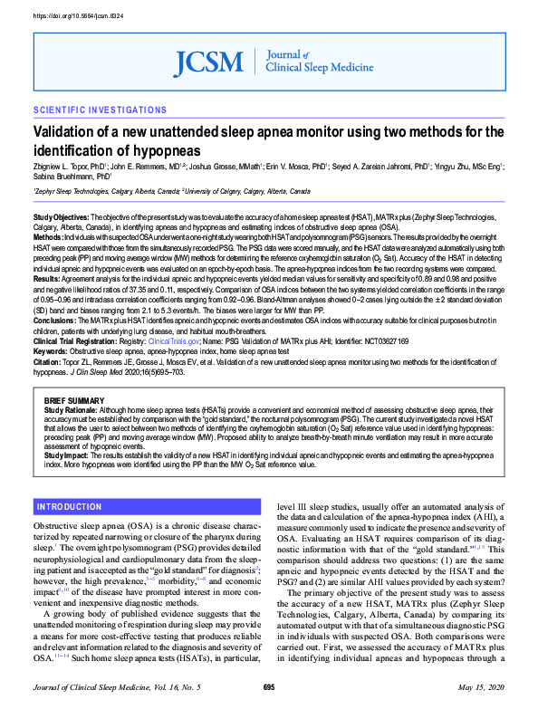 (PDF) Validation of a new unattended sleep apnea monitor using two ...