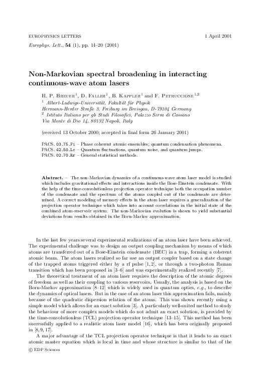 (PDF) Non-Markovian spectral broadening in interacting continuous-wave atom lasers