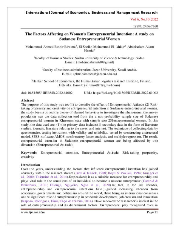 (PDF) The Factors Affecting on Women's Entrepreneurial Intention: A study on Sudanese ...