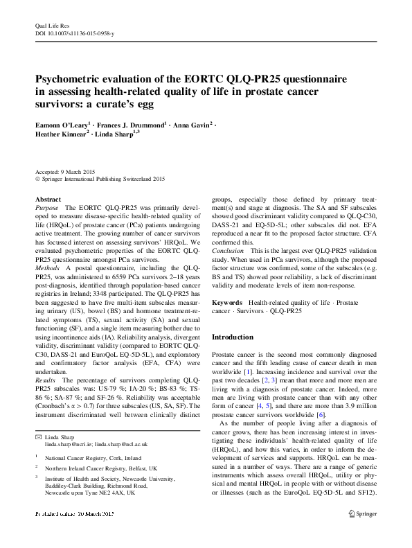 (PDF) Psychometric evaluation of the EORTC QLQ-PR25 questionnaire in assessing health-related ...