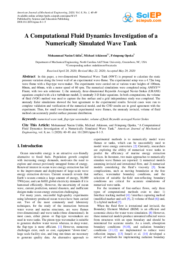 (PDF) A Computational Fluid Dynamics Investigation of a Numerically Simulated Wave Tank