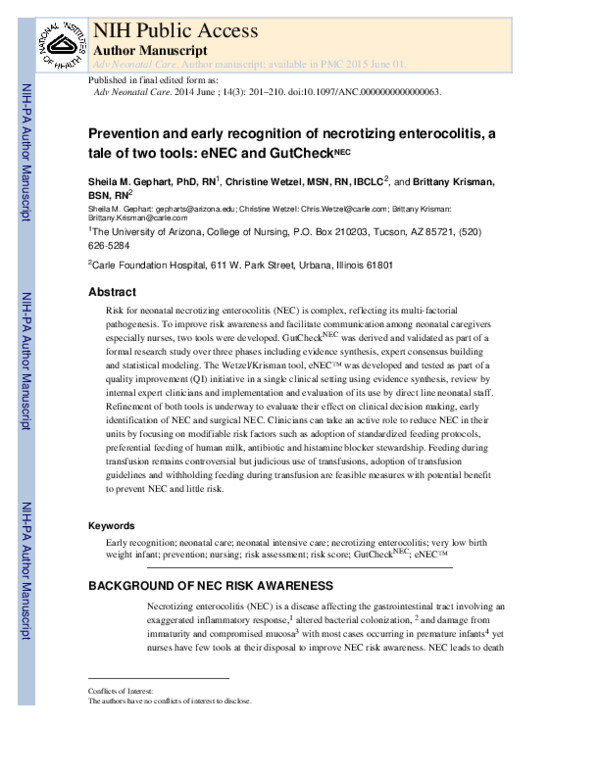 (PDF) Prevention and Early Recognition of Necrotizing Enterocolitis