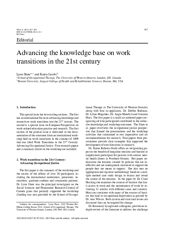 (PDF) Advancing the knowledge base on work transitions in the 21st century