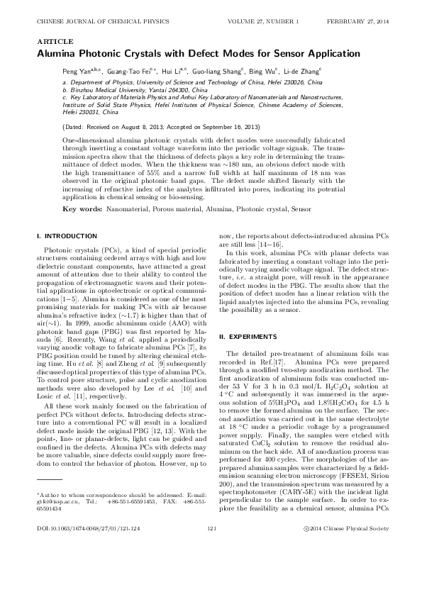 (PDF) Alumina Photonic Crystals with Defect Modes for Sensor Application