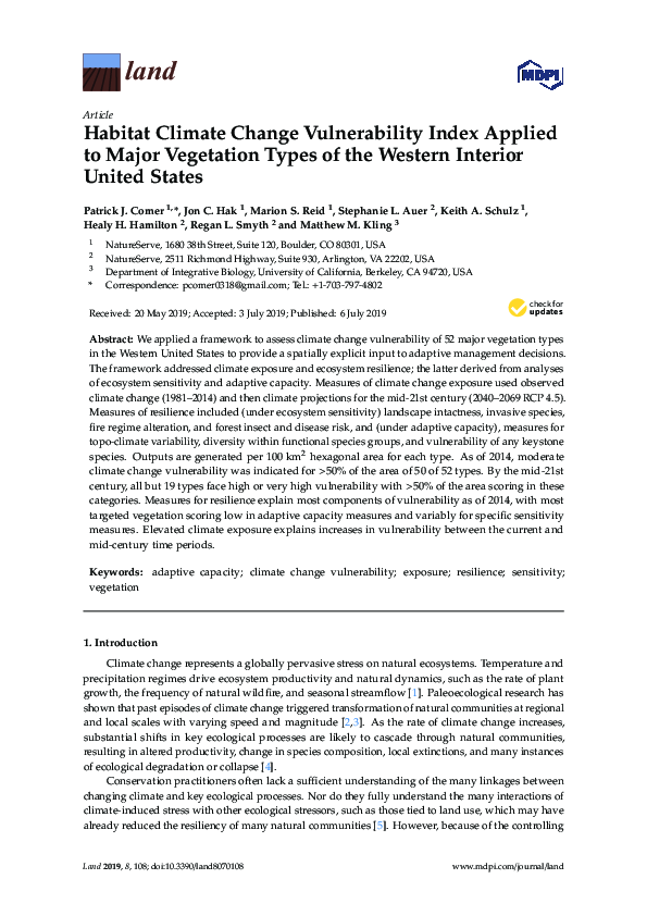 (PDF) Habitat Climate Change Vulnerability Index Applied to Major ...