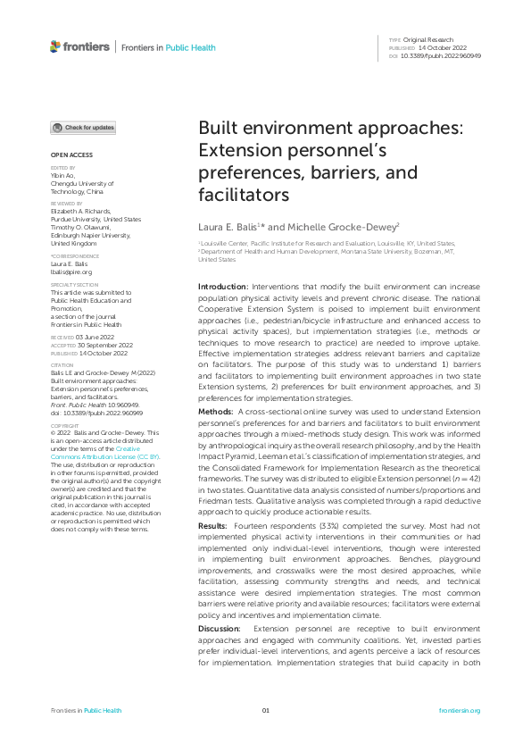 (PDF) Built environment approaches: Extension personnel's preferences, barriers, and facilitators