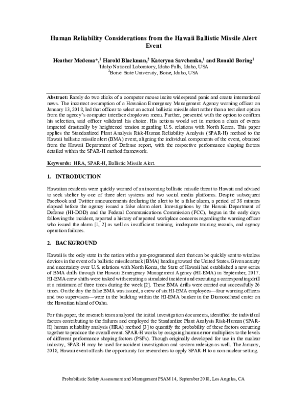 (PDF) Human Reliability Considerations from the Hawaii Ballistic ...