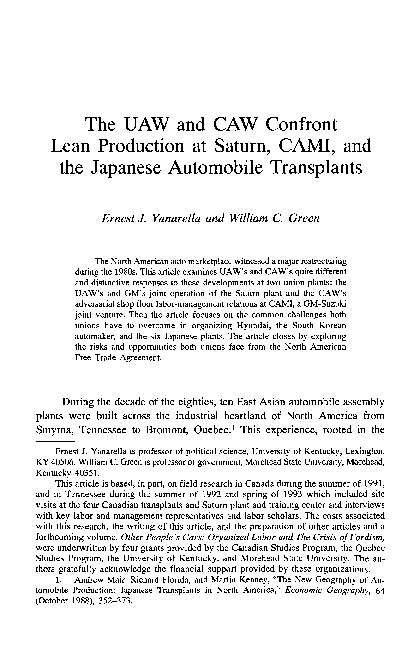 (PDF) The UAW and CAW Confront Lean Production at Saturn, CAMI, and the ...