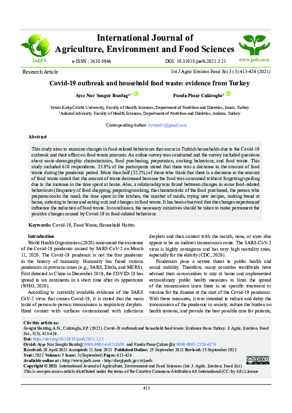 (PDF) Covid-19 outbreak and household food waste: Evidence from Turkey