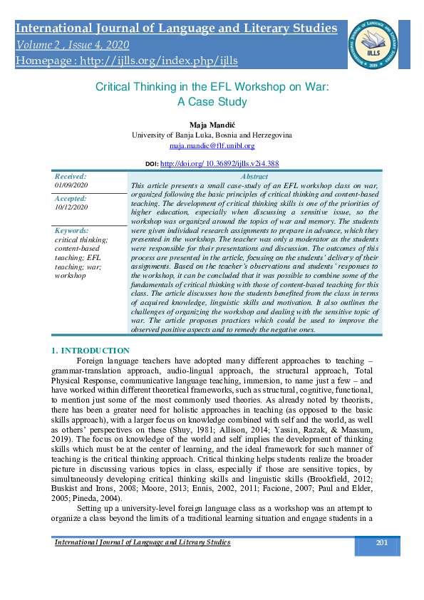 (PDF) Critical Thinking in the EFL Workshop on War: A Case Study | Maja ...
