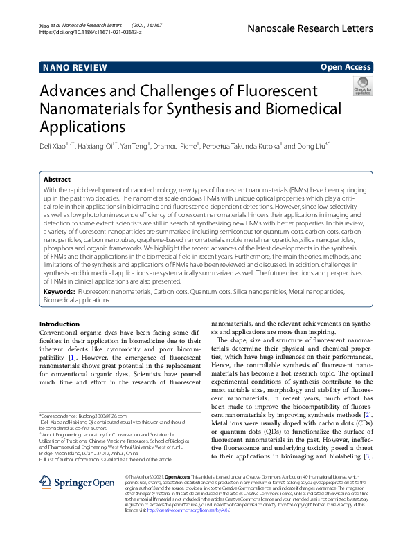 (PDF) Advances and Challenges of Fluorescent Nanomaterials for Synthesis and Biomedical Applications
