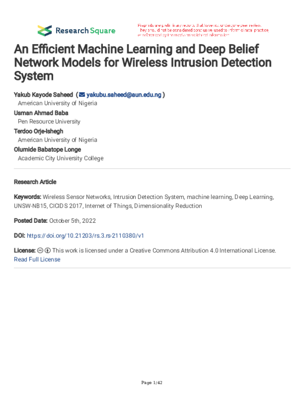 Pdf An Efficient Machine Learning And Deep Belief Network Models For Wireless Intrusion