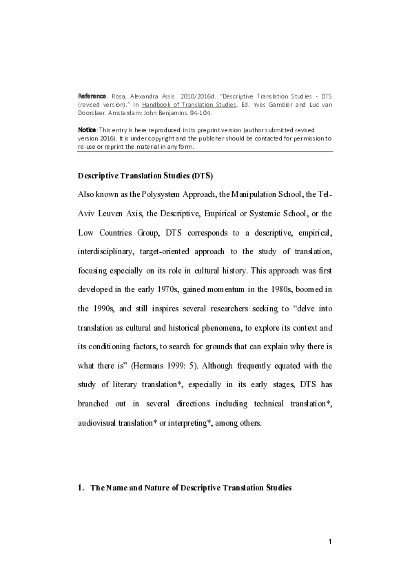 (PDF) Descriptive Translation Studies (DTS)